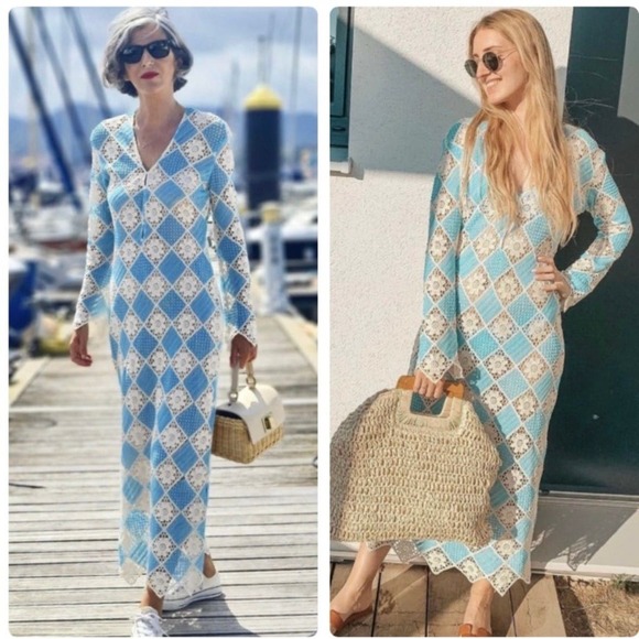 Zara | Dresses | Nwt Zara Crochet Diamond Pattern Long Sleeve Midi ...